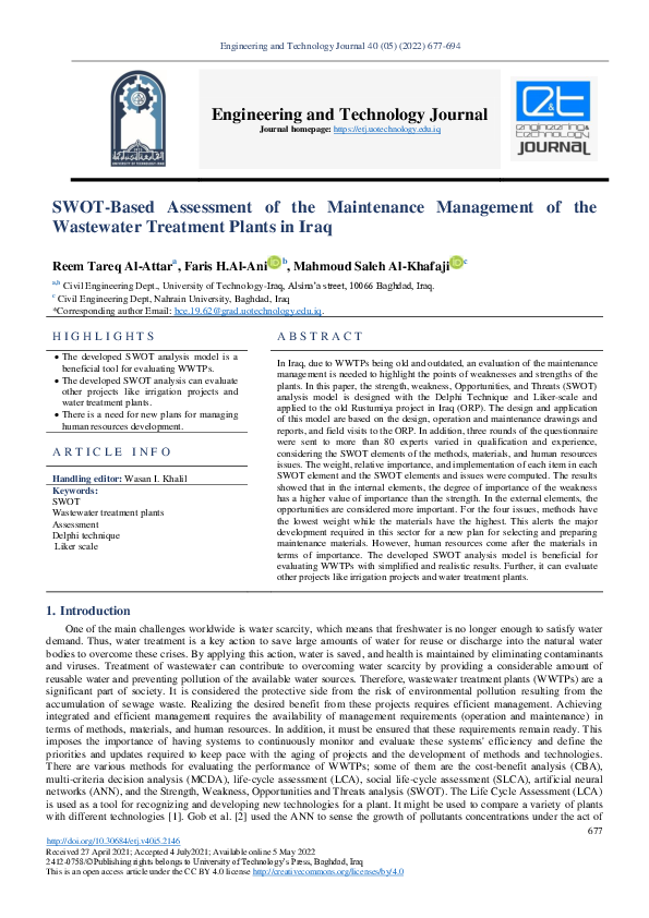 (PDF) SWOT-Based Assessment of the Maintenance Management of the ...