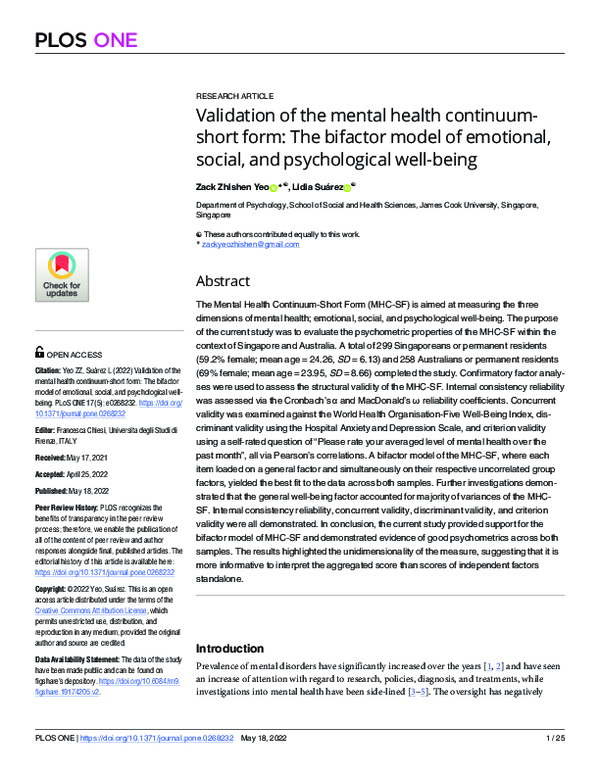(PDF) Validation of the mental health continuum-short form: The ...