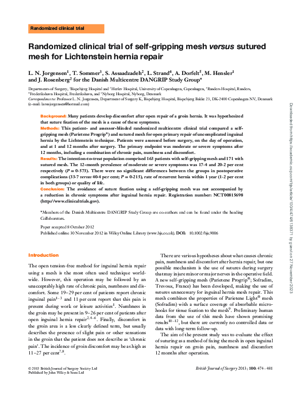 (PDF) Randomized clinical trial of self-gripping mesh versus sutured ...