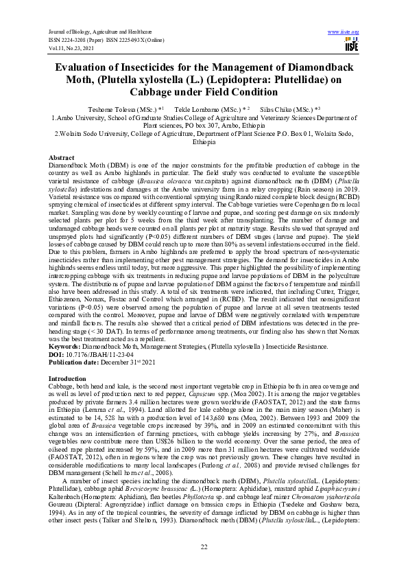 (PDF) Evaluation of Insecticides for the Management of Diamondback Moth, (Plutella xylostella (L ...
