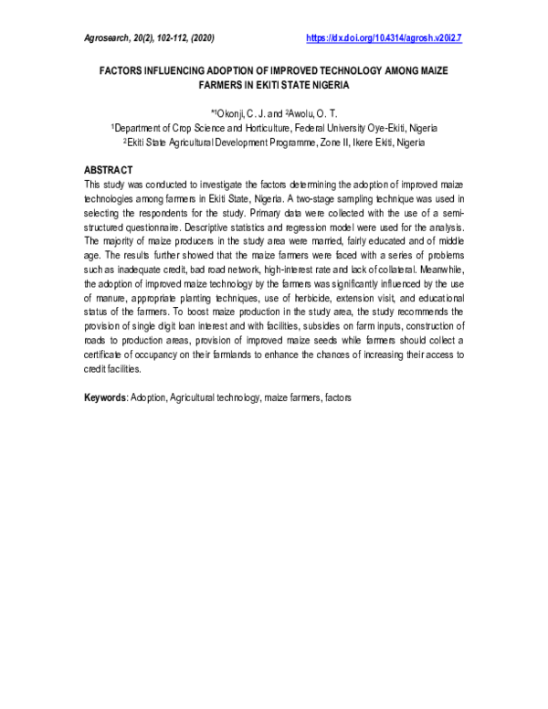 (PDF) Factors influencing adoption of improved technology among maize farmers in Ekiti State Nigeria