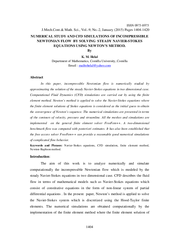 (PDF) Numerical study and CFD Simulations of Incompressible Newtonian ...