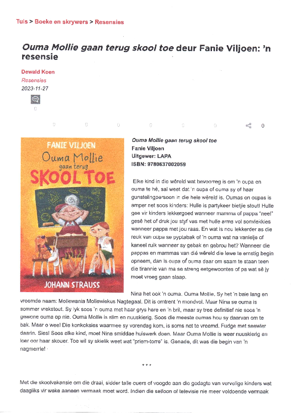 (PDF) Ouma Mollie gaan terug skool toe deur Fanie Viljoen: 'n resensie