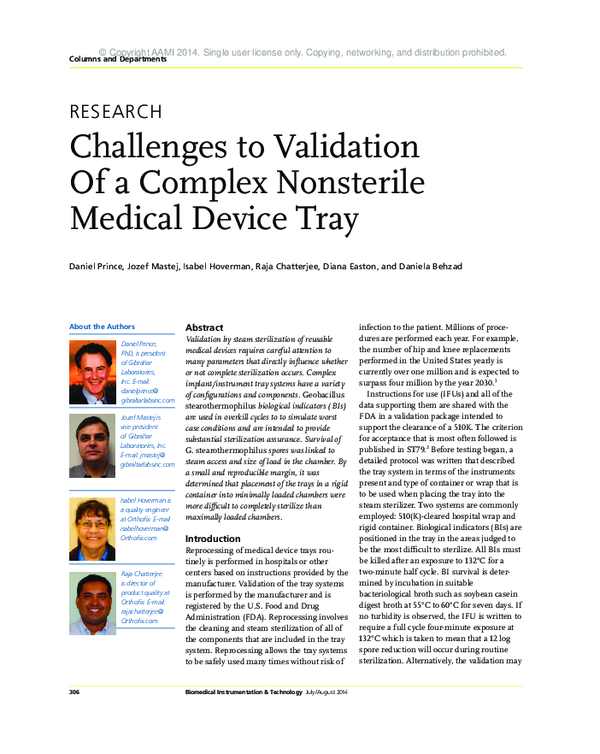(PDF) Challenges to Validation Of a Complex Nonsterile Medical Device Tray | Daniela Behzad ...