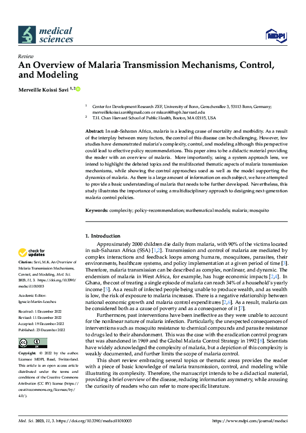 (PDF) An Overview of Malaria Transmission Mechanisms, Control, and Modeling | Merveille SAVI ...