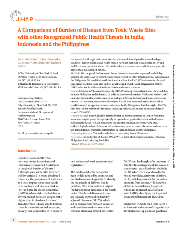 (PDF) A Comparison of Burden of Disease from Toxic Waste Sites with ...