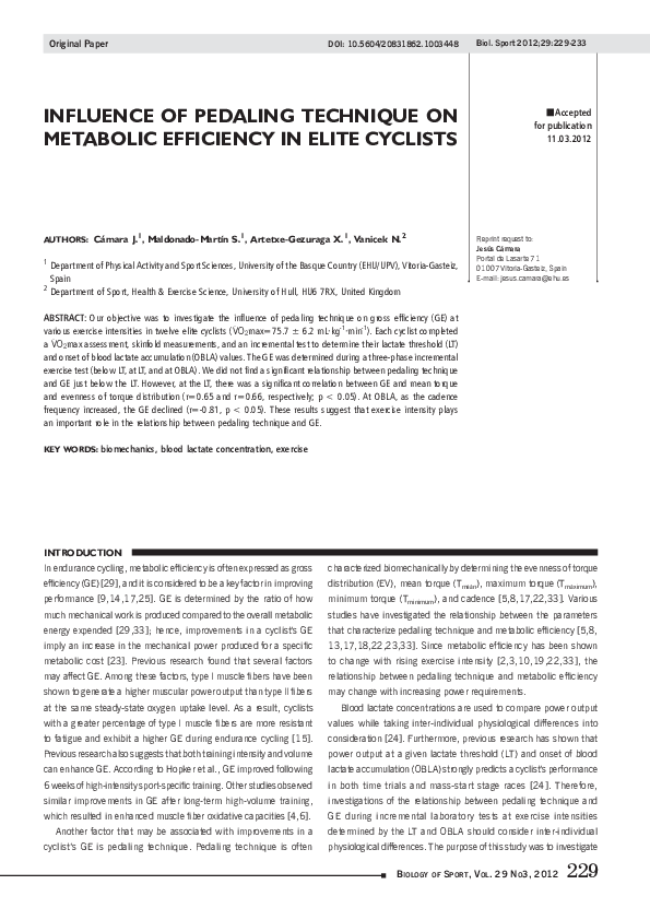 (PDF) Influence of Pedaling Technique on Metabolic Efficiency in Elite Cyclists