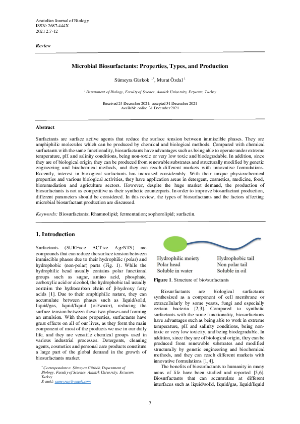 (PDF) Microbial Biosurfactants: Properties, Types, and Production
