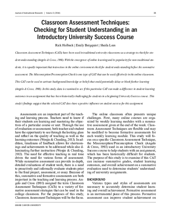(PDF) Classroom Assessment Techniques: Checking for Student ...