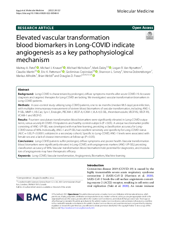 (PDF) Elevated vascular transformation blood biomarkers in Long-COVID ...