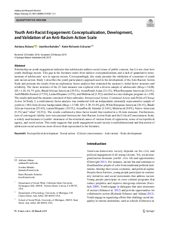(PDF) Youth Anti-Racist Engagement: Conceptualization, Development, and ...