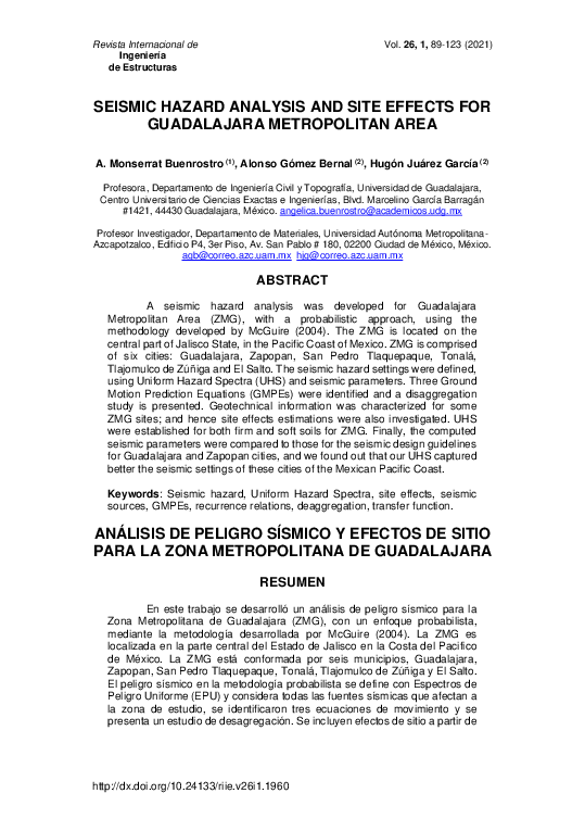 (PDF) Análisis De Peligro Sísmico y Efectos De Sitio Para La Zona Metropolitana De Guadalajara