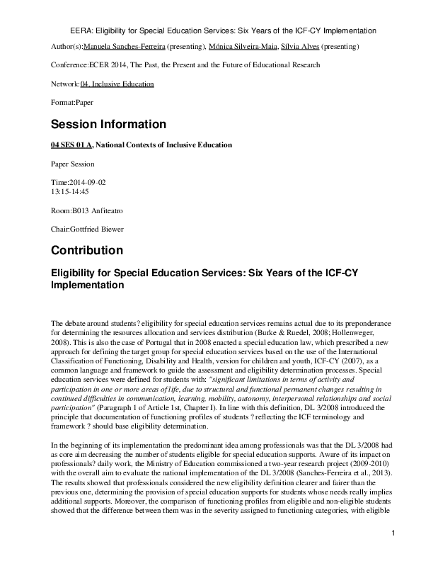 (PDF) Eligibility for Special Education Services: Six Years of the ICF-CY Implementation