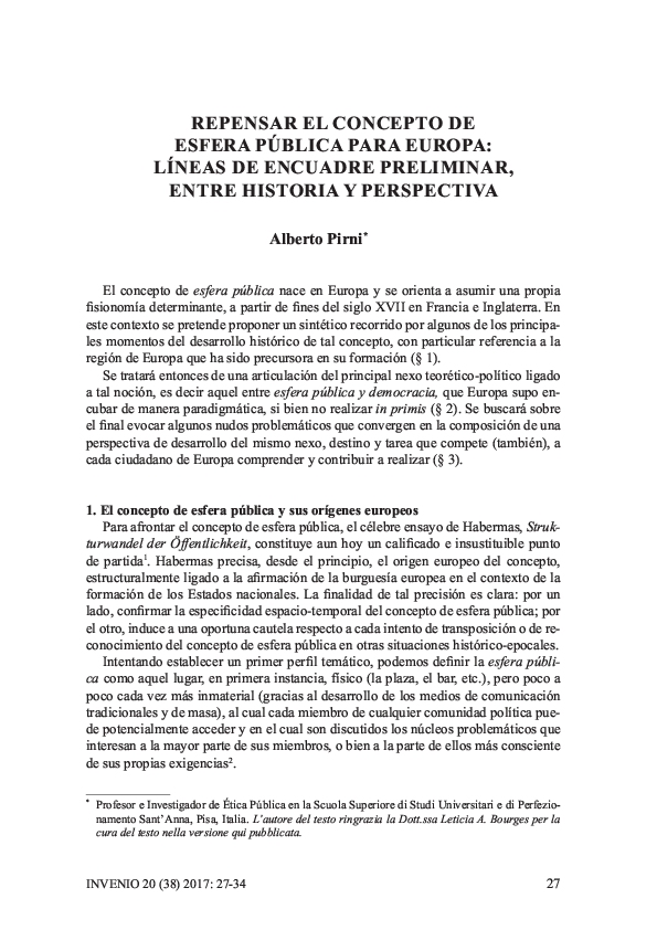 (PDF) Repensar el concepto de Esfera Pública para Europa: Líneas de ...
