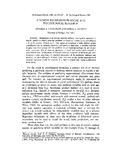 (PDF) Stepwise Regression in Social and Psychological Research