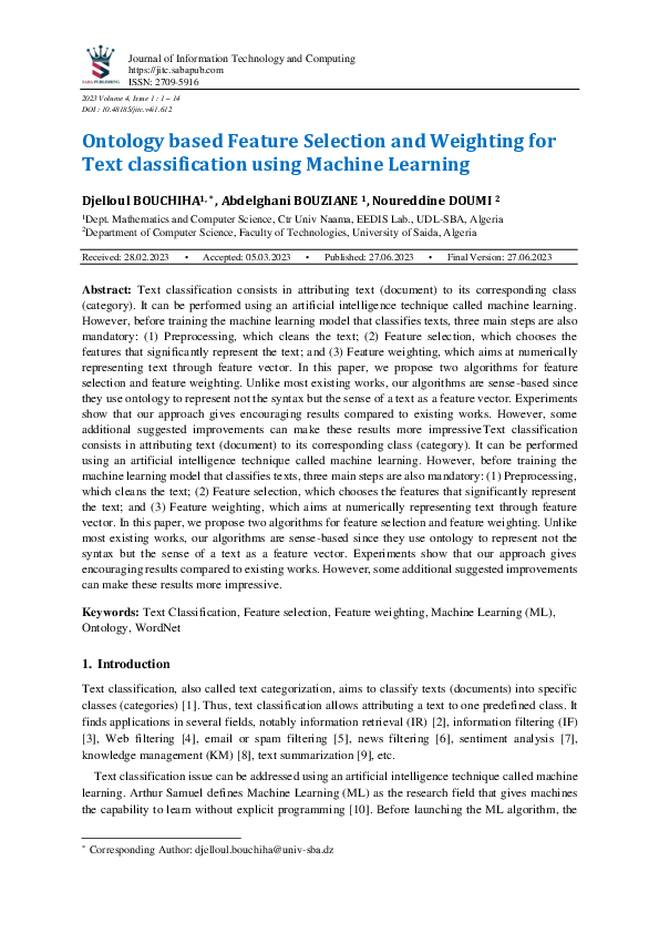 Pdf Ontology Based Feature Selection And Weighting For Text Classification Using Machine Learning
