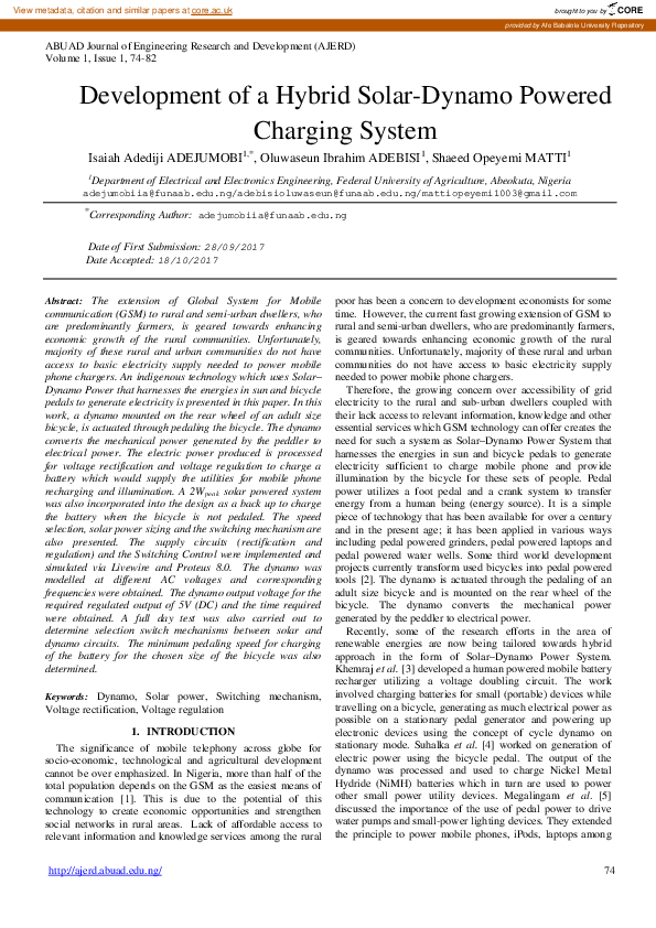 (PDF) Development of a Hybrid Solar-Dynamo Powered Charging System