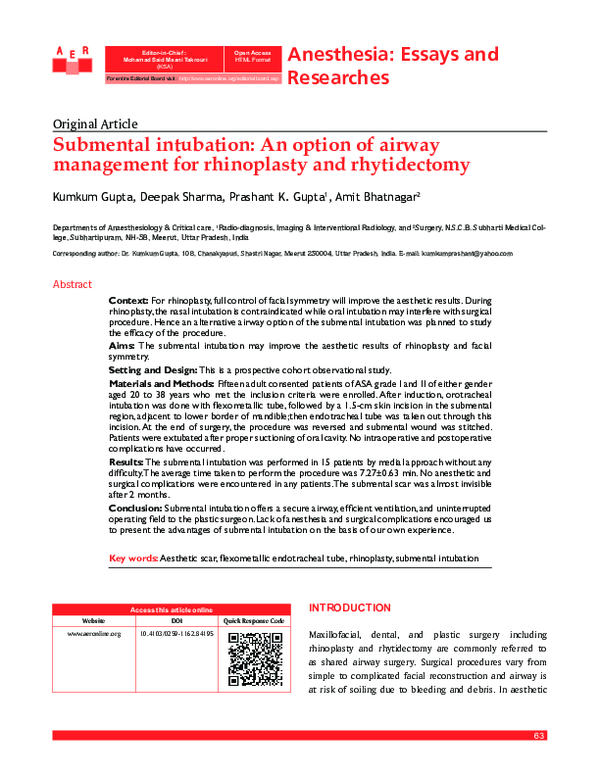 (PDF) Submental Intubation for Enhanced Airway Management in Rhinoplasty