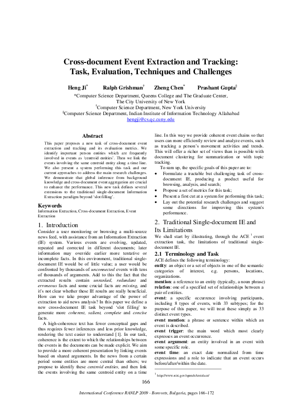 (PDF) Cross-document event extraction and tracking: Task, evaluation, techniques and challenges