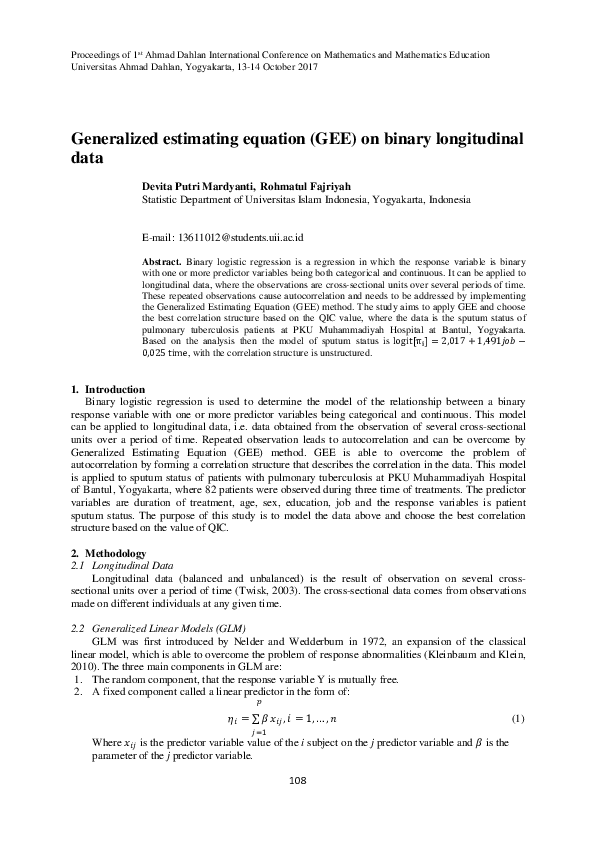 (PDF) Generalized estimating equation (GEE) on binary longitudinal data