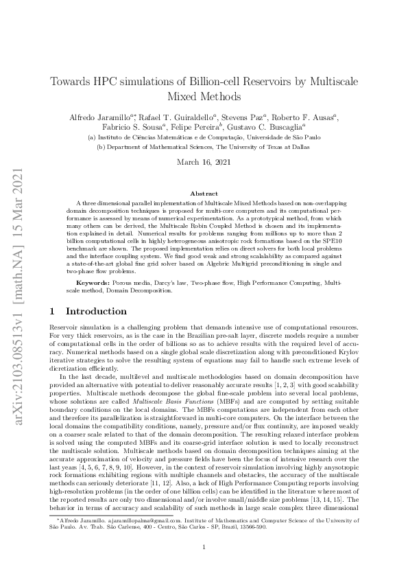 (PDF) Towards HPC simulations of billion-cell reservoirs by multiscale mixed methods
