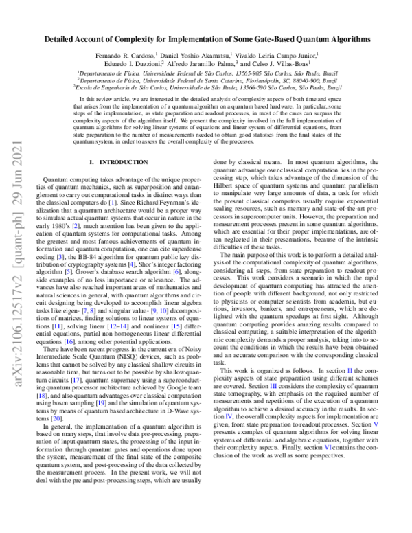 (PDF) Detailed Account of Complexity for Implementation of Some Gate-Based Quantum Algorithms
