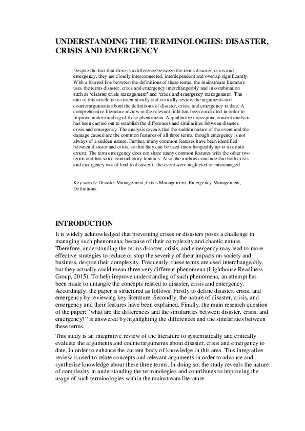 (PDF) Understanding the terminologies : disaster, crisis and emergency
