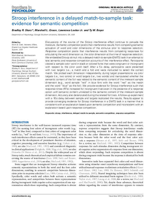 (PDF) Stroop interference in a delayed match-to-sample task: evidence ...