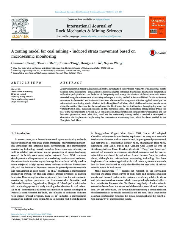(PDF) A zoning model for coal mining - induced strata movement based on microseismic monitoring