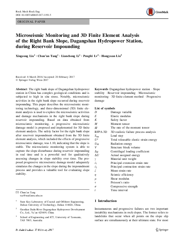 (PDF) Microseismic Monitoring and 3D Finite Element Analysis of the Right Bank Slope, Dagangshan ...