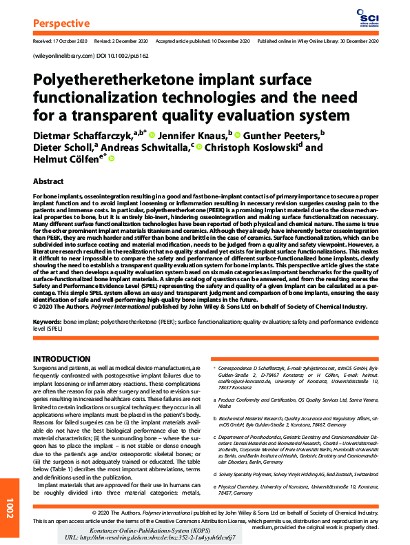 (PDF) Polyetheretherketone implant surface functionalization technologies and the need for a ...