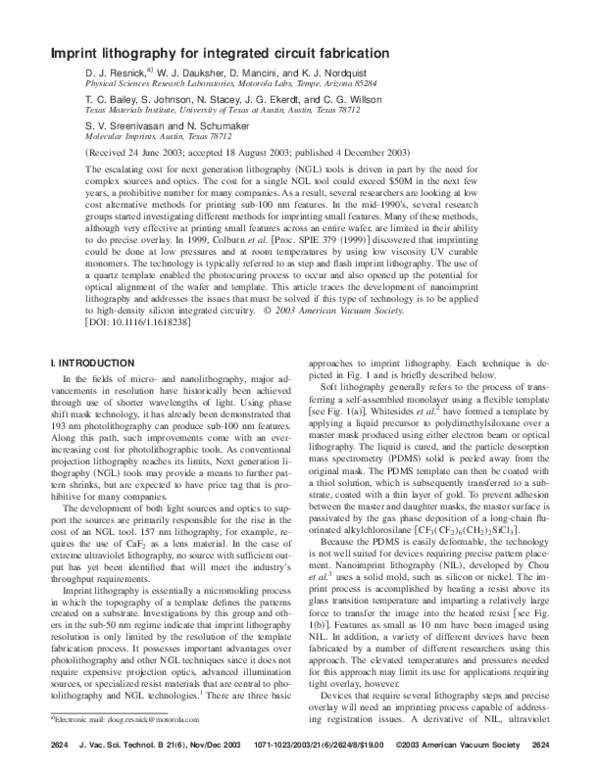 (PDF) Imprint lithography for integrated circuit fabrication