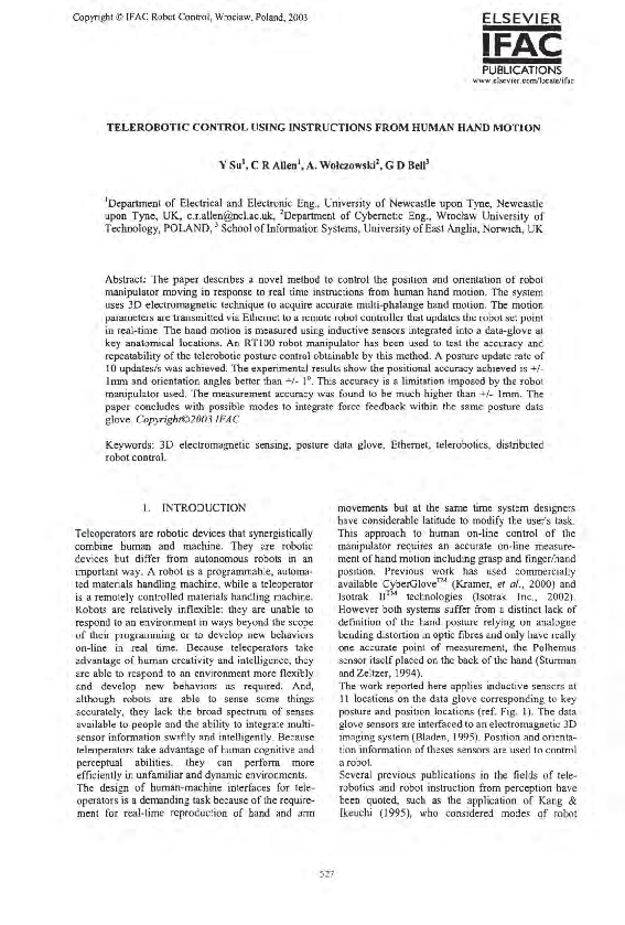 (PDF) Telerobotic control using instructions from human hand motion