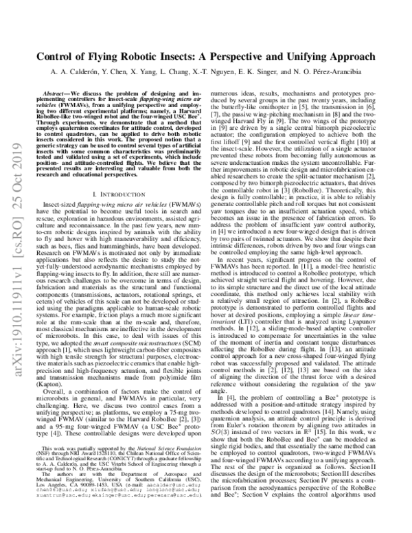 (PDF) Control of Flying Robotic Insects: A Perspective and Unifying Approach