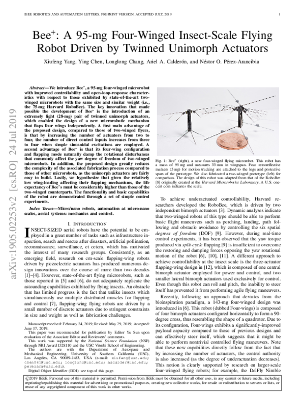 (PDF) Bee$^+$: A 95-mg Four-Winged Insect-Scale Flying Robot Driven by ...