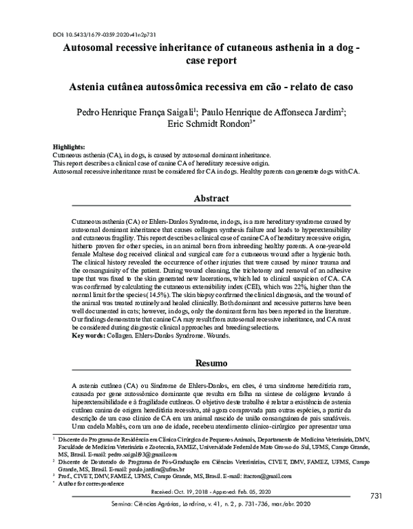 (PDF) Autosomal recessive inheritance of cutaneous asthenia in a dog ...