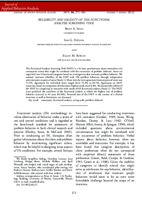 Pdf Reliability And Validity Of The Functional Analysis Screening Tool
