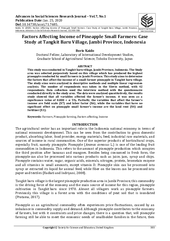 (PDF) Factors Affecting Income of Pineapple Small Farmers: Case Study at Tangkit Baru Village ...