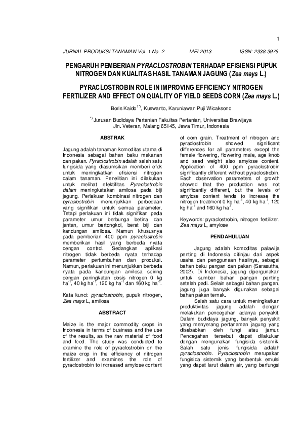 (PDF) PENGARUH PEMBERIAN PYRACLOSTROBIN TERHADAP EFISIENSI PUPUK NITROGEN DAN KUALITAS HASIL ...