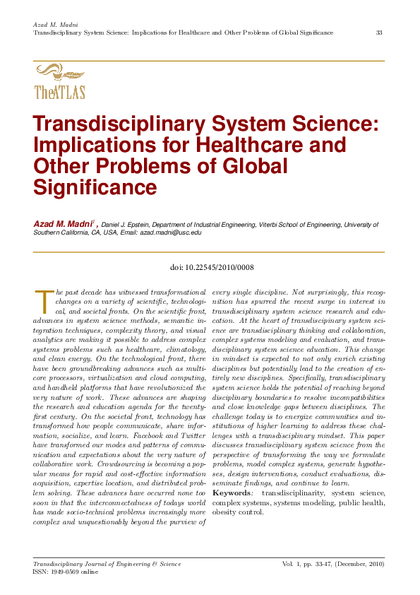 (PDF) Transdisciplinary System Science: Implications for Healthcare and Other Problems of Global ...