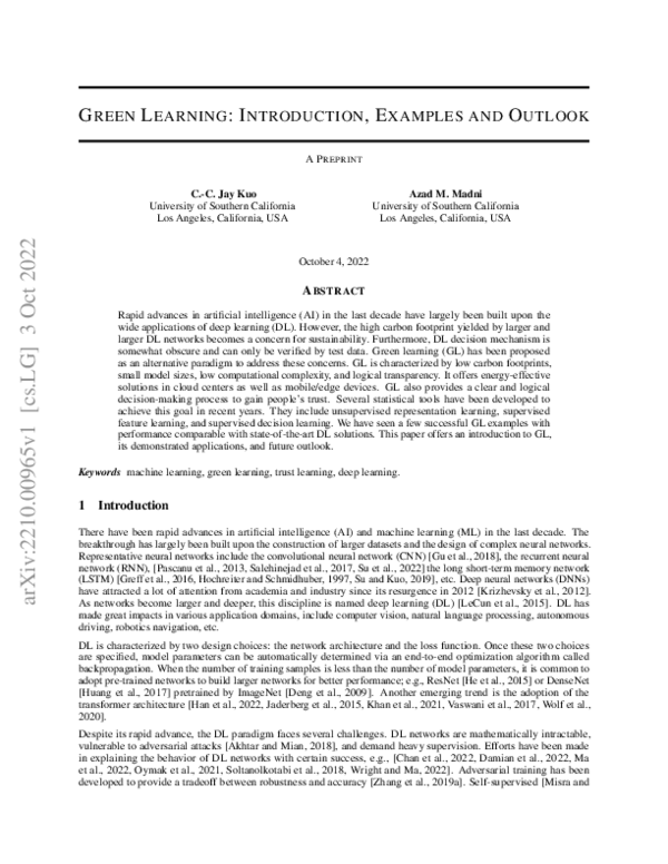 (PDF) Green Learning: Introduction, Examples and Outlook