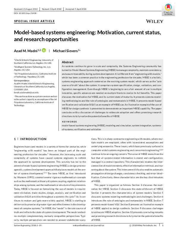 (PDF) Model-based systems engineering: Motivation, current status, and research opportunities