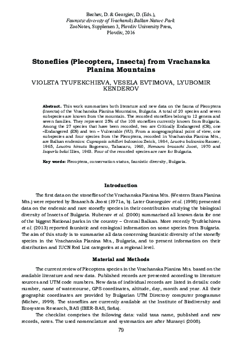 (PDF) Stoneflies (Plecoptera, Insecta) from Vrachanska Planina Mountains