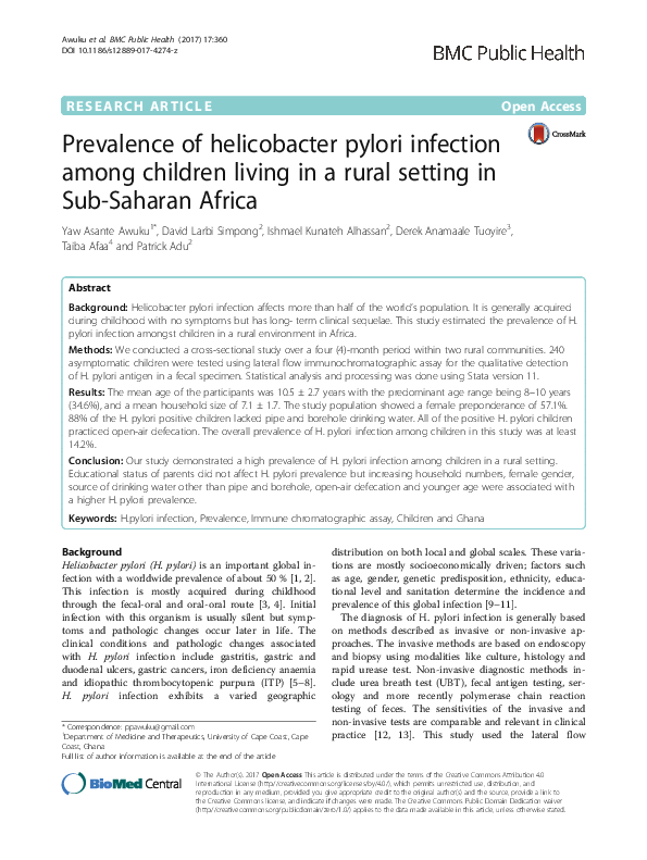 (PDF) Prevalence of helicobacter pylori infection among children living in a rural setting in ...