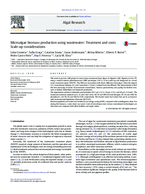 (PDF) Microalgae biomass production using wastewater: Treatment and costs