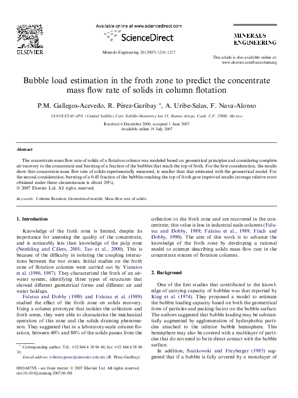 (PDF) Bubble load estimation in the froth zone to predict the concentrate mass flow rate of ...