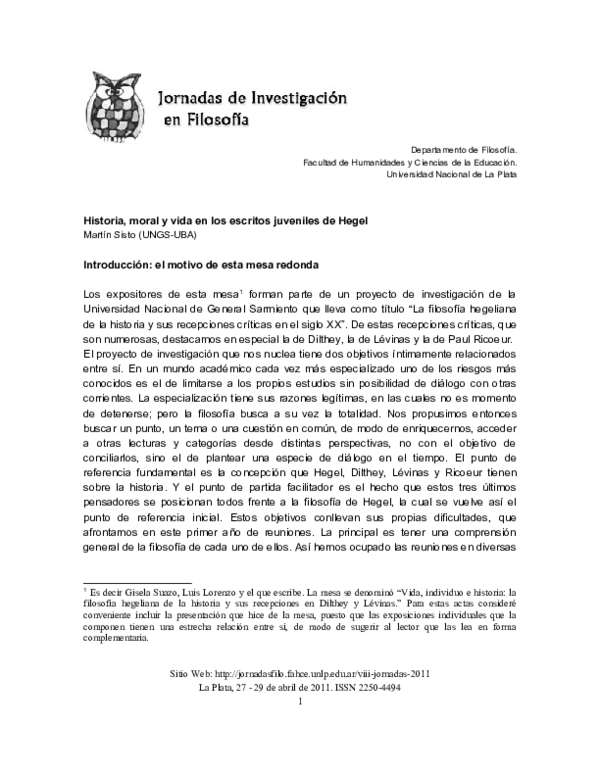 (PDF) Historia, moral y vida en los escritos juveniles de Hegel