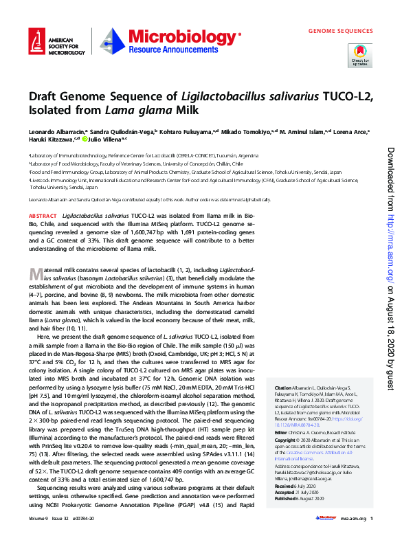 (PDF) Draft Genome Sequence of Ligilactobacillus salivarius TUCO-L2, Isolated from Lama glama Milk
