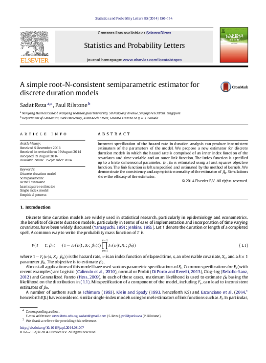 (PDF) A Simple Root-N-Consistent Semiparametric Estimator for Discrete Duration Models