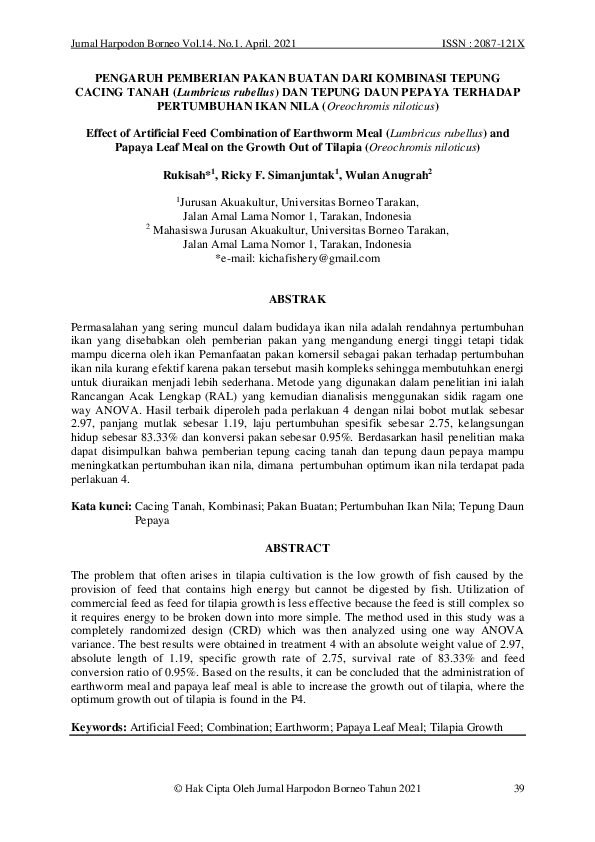(PDF) PENGARUH PEMBERIAN PAKAN BUATAN DARI KOMBINASI TEPUNG CACING TANAH (Lumbricus rubellus ...